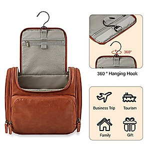 BAGSMART Hanging Toiletry Bag, Water-resistant Leather Dopp Kit, Large Travel Organizer for Full Sized Container, Brown