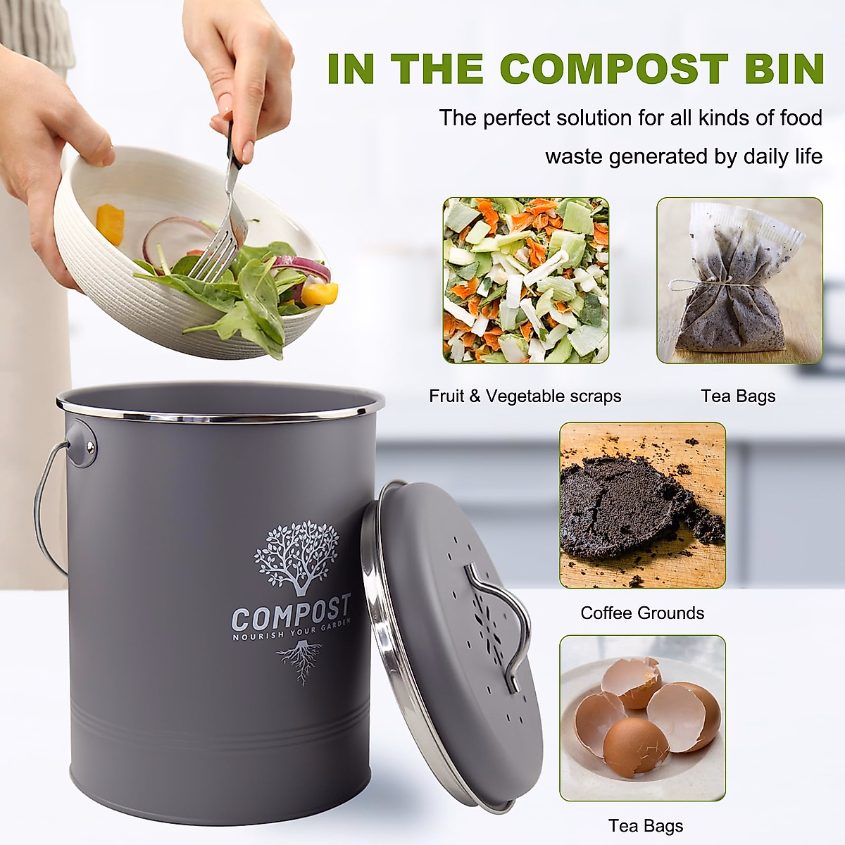 Holismo Kitchen Countertop Compost Bin, Odor Resistant Indoor Compost Bin with Lid and Charcoal Filter, Rust Resistant Coated Compost Bucket, Compost Container, Gray