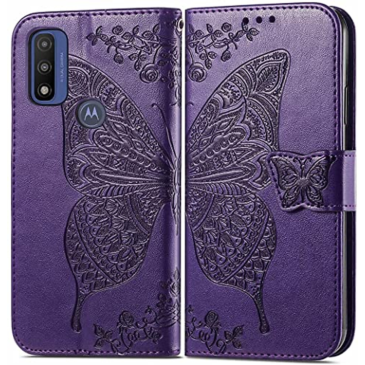 KRHGEIK Designed for Moto G Pure Phone Case Wallet,Women Butterfly Embossed PU Leather Protective Case with Kickstand Card Holder Slots Wrist Strap Flip Cover for Motorola Moto G Pure(Purple)
