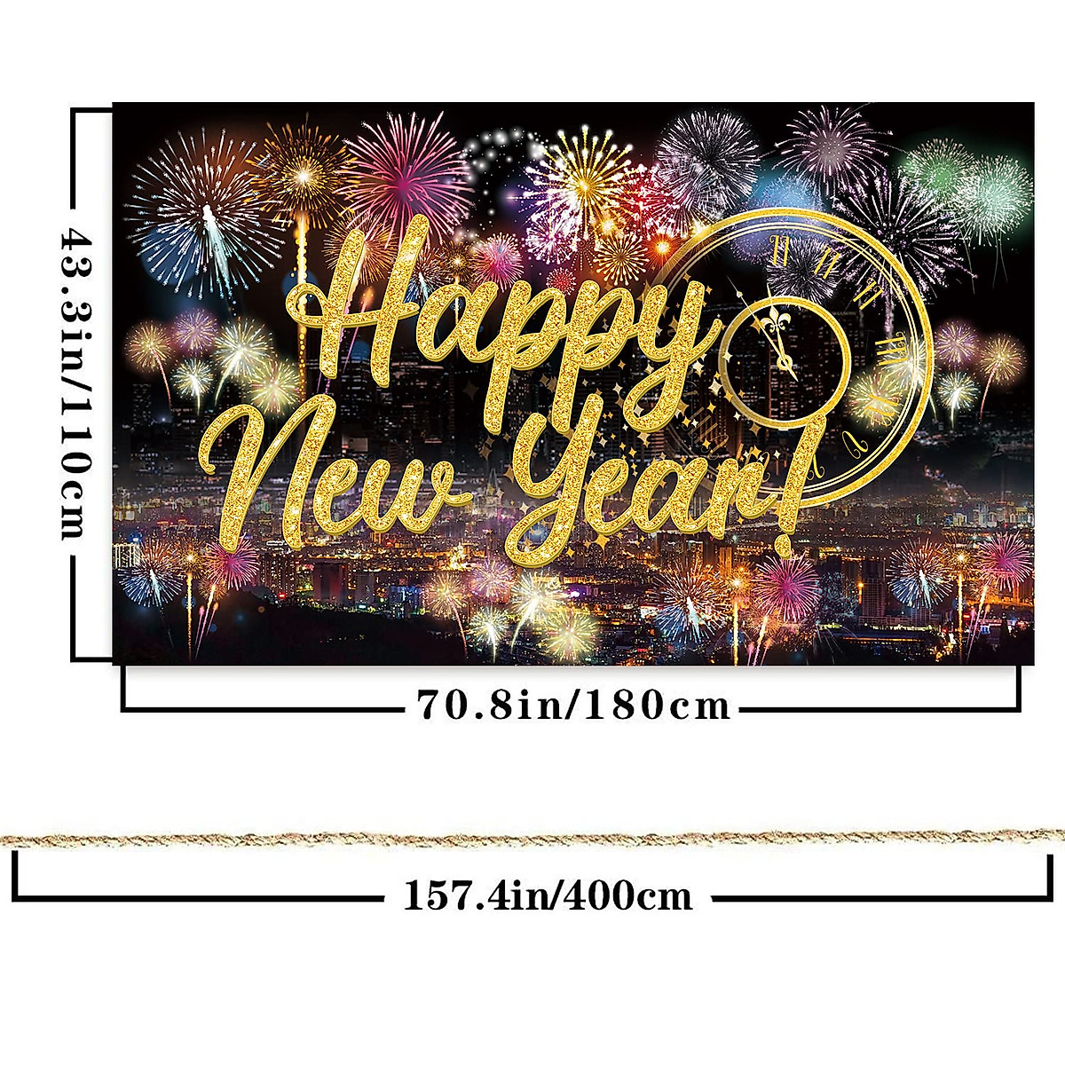 Famoby Happy New Year Fabric Sign Poster Backdrop with Fireworks for New Year Photo Booth Background Party Decoration