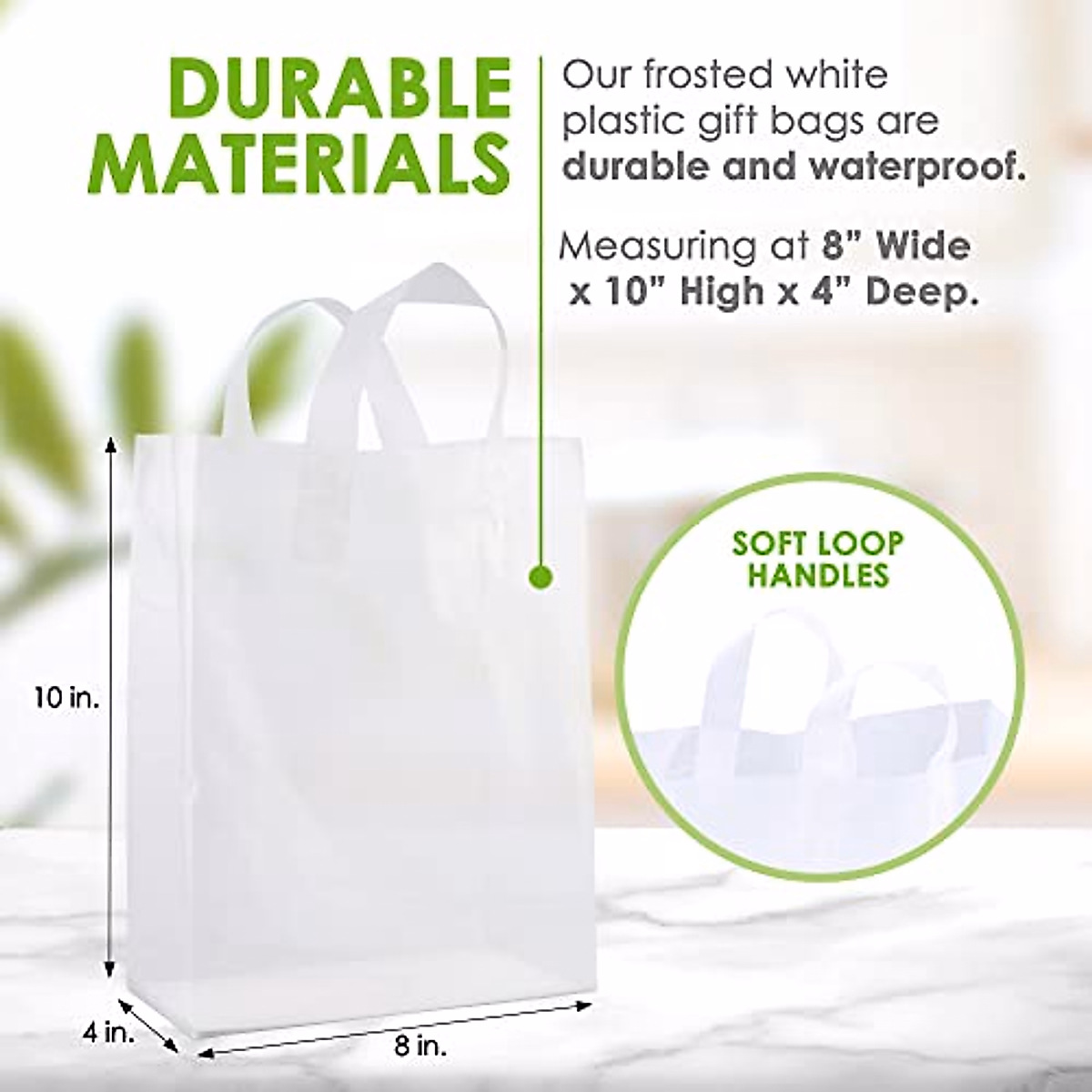 Prime Line Packaging - 8x4x10 Inch 100 Pack Plastic Bags with Handles, Small Gift Bags, Shopping Bags for Small Business, Clear Frosted White in Bulk for Boutiques, Retail Stores, Gifts & Merchandise