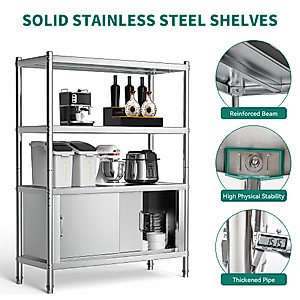 YITAHOME NSF Stainless Steel Shelves, 48"*18"*60" 4 Tier Storage Shelf with Cabinet, Heavy Duty Shelving for Kitchen Garage Office Restaurant Warehouse, 201 Bright Silver