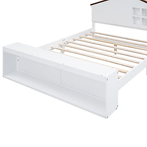 FIQHOME Full Size House Platform Bed,Wooden Kids Full Platform Bed Frame with LED Lights and Storage, Cute Single Full Led Bed for Girls Boys,No Box Spring Needed,White