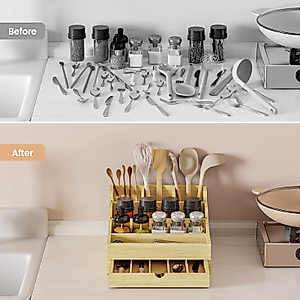 BESSIO Kitchen Utensil Holder for Counter - Extra Large Wooden Cooking Utensil Holder, Farmhouse Spatula Holder, Utensil Organizer for Countertop With Kitchen Drawers Organizer and 11 Compartments