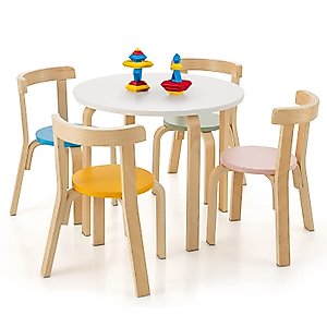 Costzon Kids Table and Chair Set, 5-Piece Wooden Activity Table w/ 4 Chairs, Toy Bricks, Classroom Playroom Daycare Furniture for Playing, Drawing, Reading, Bentwood Toddler Table & Chairs (Assorted)