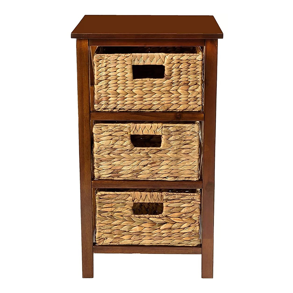 eHemco 3 Tier X-Side End Storage Cabinet with 3 Wicker Baskets, Walnut