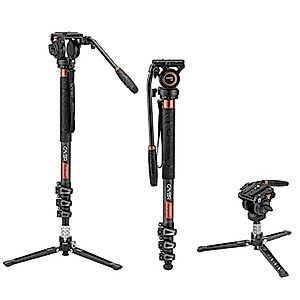 Cayer CF34 Carbon Fiber Camer Monopod Kit, 71 inch Professional Telescopic Video Monopods with Video Fluid Head and Folding Support Base for DSLR Video Cameras Camcorders, Plus 1 Extra Sliding Plate