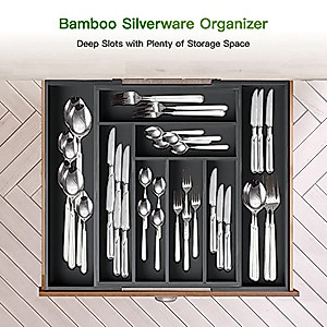 Pipishell Bamboo Expandable Drawer Organizer for Utensils Holder, Adjustable Cutlery Tray, Wood Drawer Dividers Organizer for Silverware, Flatware, Knives in Kitchen, Bedroom, Living Room (Black)