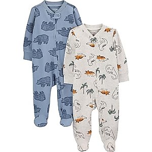Simple Joys by Carter's Baby Boys' 2-Way Zip Thermal Footed Sleep and Play, Pack of 2, Dusty Blue Bear/Ivory Dinosaur, 3-6 Months