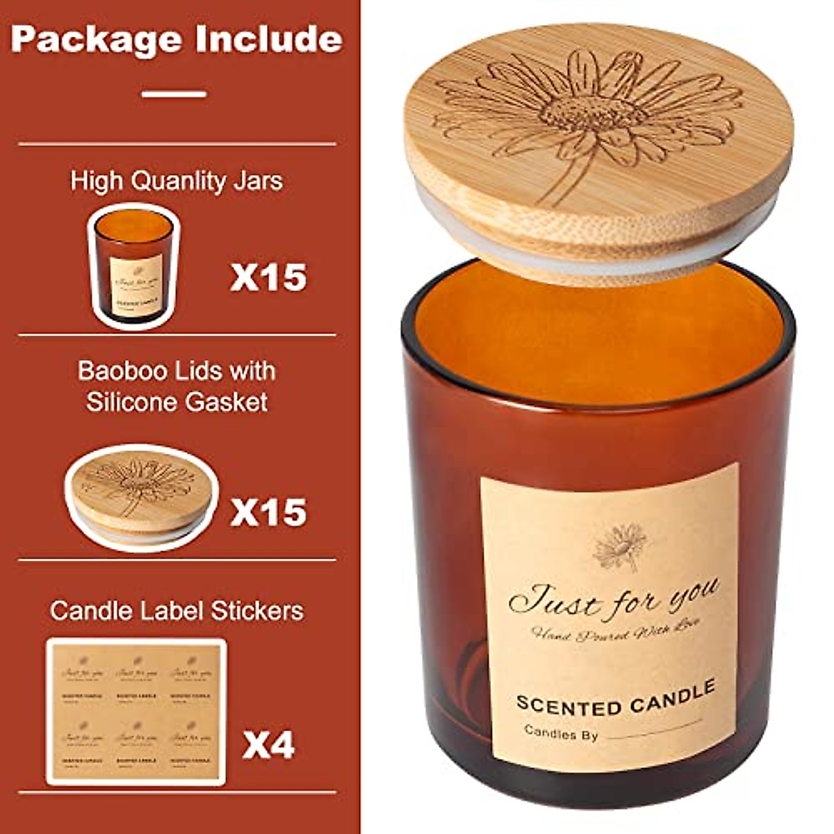 CONNOO 15 Pack 7 oz Amber Glass Candle Jars with Bamboo Lids for Making Candles, Empty Candle Container Tins with Carving Lids and Labels, Bulk Candle Tins