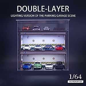 SIKIVOT Double Deck Hot Wheels Display Case ,1/64 Scale Parking Lot Model Car,Die-cast Car Garage Display Case,12 Parking Space with LED Light and Acrylic Cover Hot Wheels Parking Garag