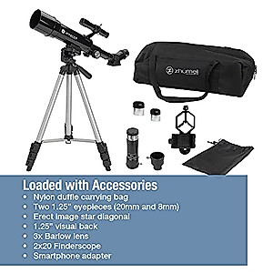 Zhumell - 50mm Portable Refractor Telescope - Coated Glass Optics - Ideal Telescope for Beginners - Digiscoping Smartphone Adapter