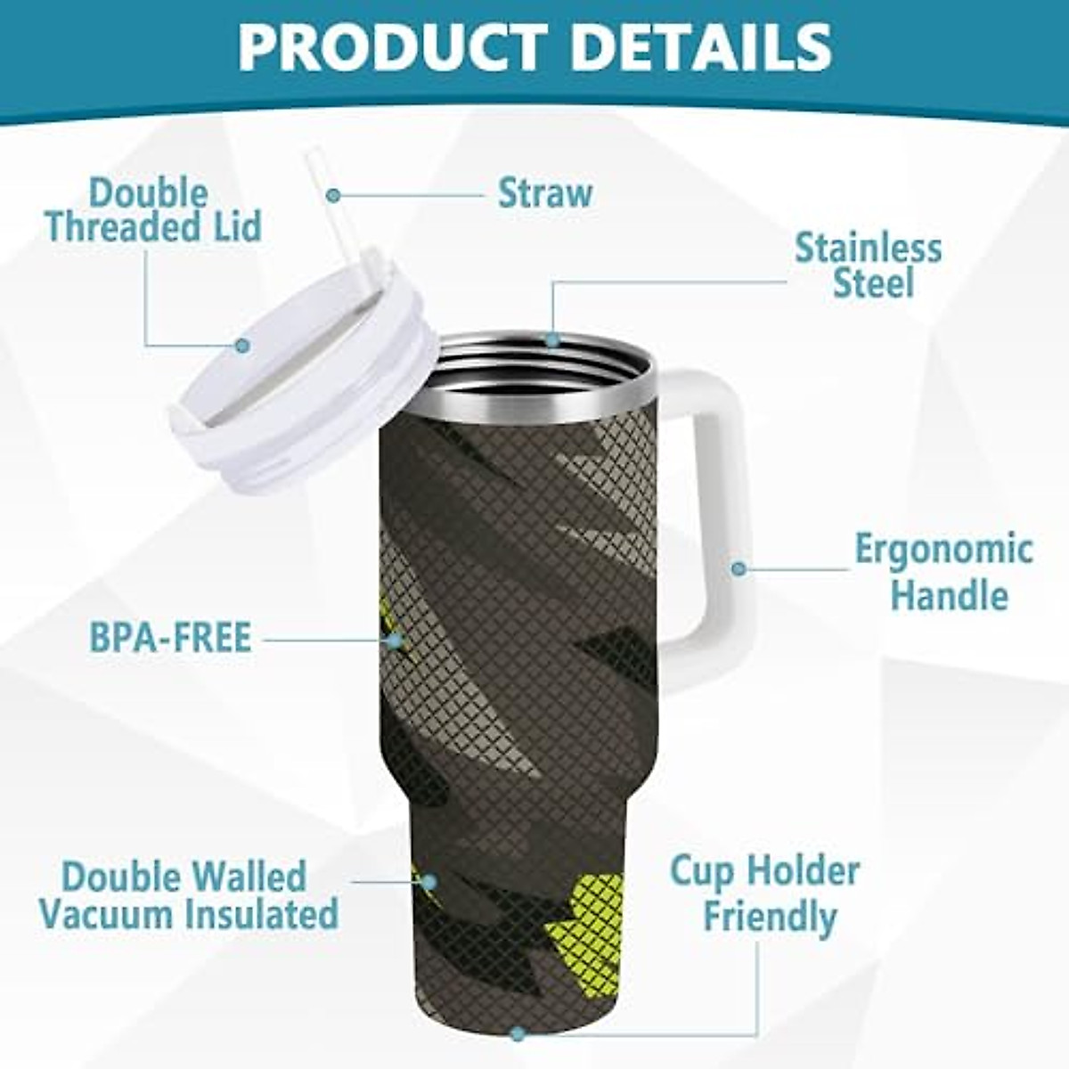 GKCLOCK 40 oz Tumbler with Handle and Straws, Insulated Reusable Stainless Steel Travel Coffee Mug Water Bottle for Office & Outdoor, Cupholder Friendly (Green Camouflage Style)