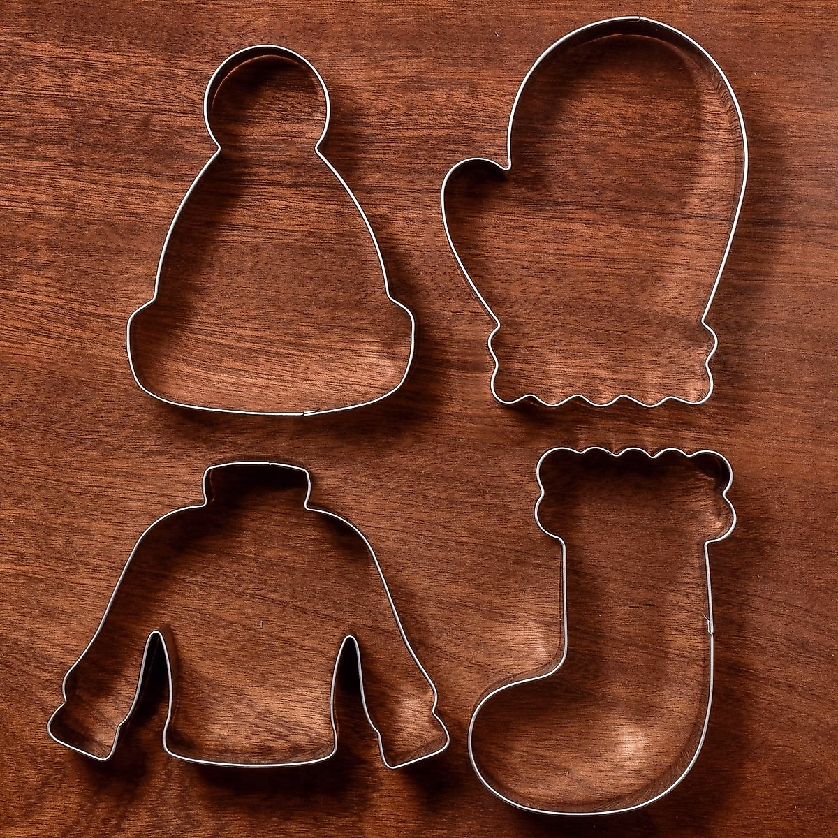 LILIAO Winter Holiday Christmas Cookie Cutter Set - 4 Piece - Ugly Sweater, Stocking, Hat and Mitten Fondant Biscuit Cutters - Stainless Steel