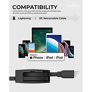 LIQUIPEL Powertek Retractable MFi Certified Charger Compatible for Apple iPhone, iPad, 3ft Cable, Lightning to USB Cable Cord, Fast Charging Lightning Cable (Black)