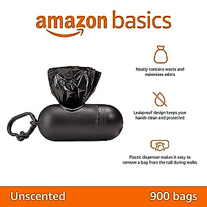 Amazon Basics Dog Poop Leak Proof Bags with Dispenser and Leash Clip, Unscented, 900 Count, 60 Pack of 15, Black, 13 Inch x 9 Inch