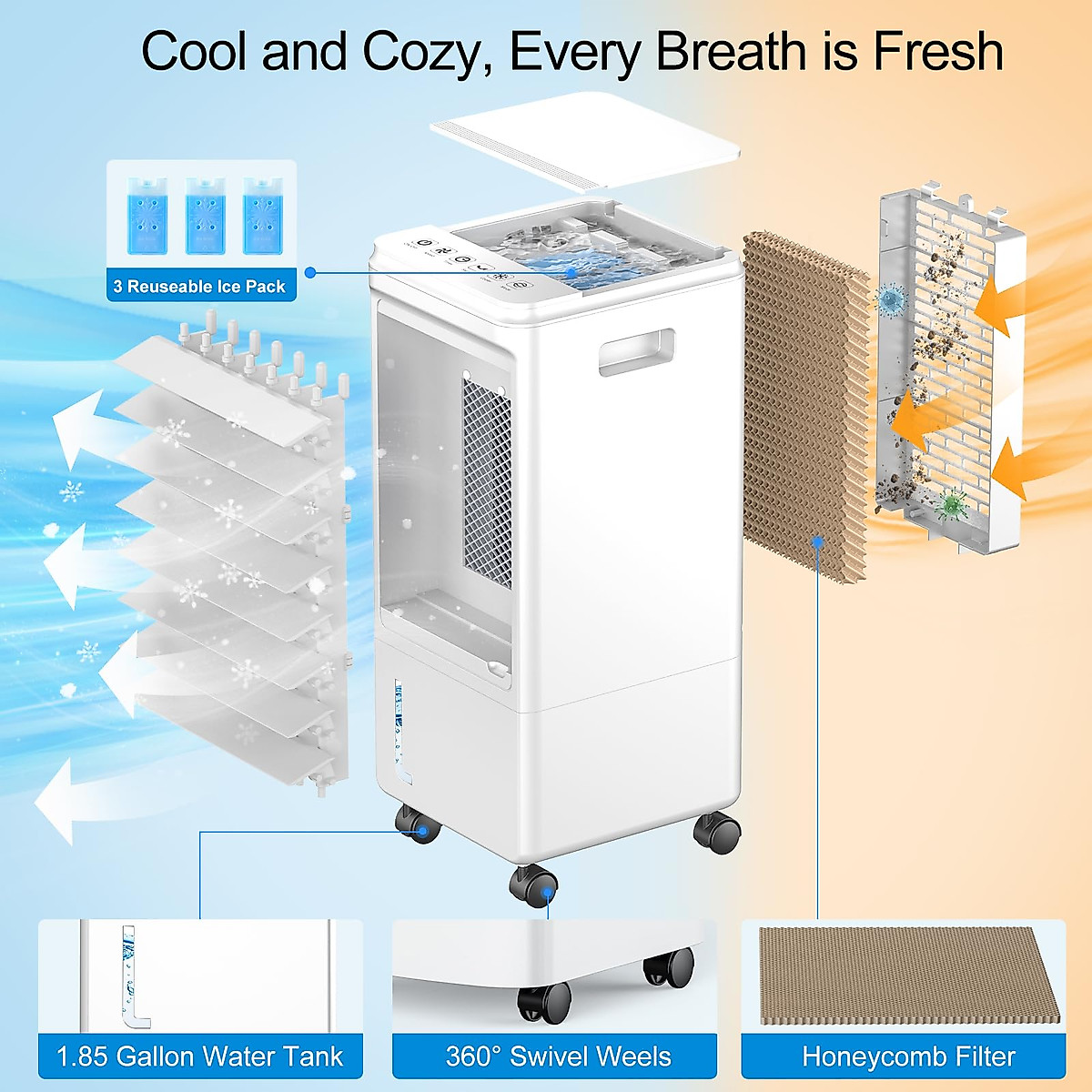 Portable Air Conditioners, 3-IN-1 Evaporative Air Cooler, Swamp Coolers w/ 3 Ice Pack, 1.85 Gal Water Tank, 4 Modes, 80° Oscillation, 7H Timer, Portable Ac for Bedroom, Room, Indoor White Black