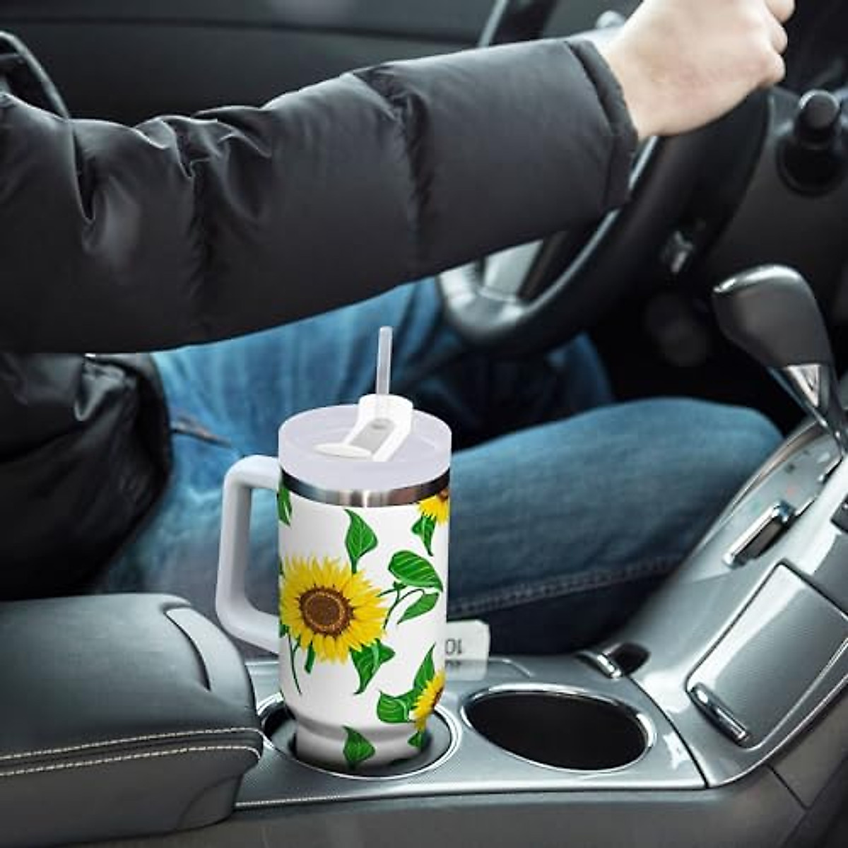 RPLIFE Bright Sunflowers Green Leaves 40 Oz Tumbler with Handle and Straw, Stainless Steel Water Bottle with Straw, Tumbler for Men