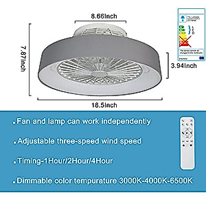 Anresun Ceiling Lamp Modern LED Semi Flush Mount Light Fandelier Adjustable Wind Speed Remote Control Dimmable 3 Files Fan Chandelier Modern Bedroom Living Room (Grey)