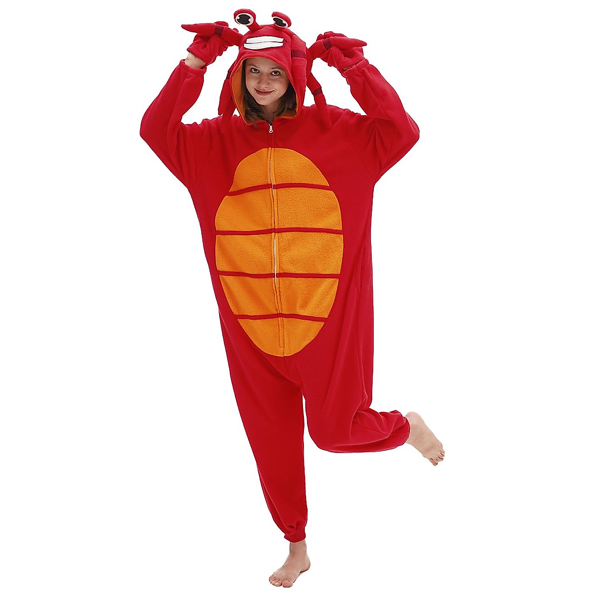 Crab Onesie Adult Red Crab Pajamas Animal Pajamas Halloween Cosplay Costume Polar Fleece Sleepwear Homewear