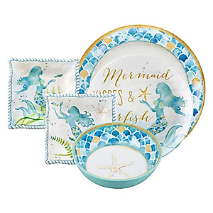 UPware 16-Piece Melamine Dinnerware Set, Includes Dinner Plates, Salad Plates, Dessert Plates, Bowls, Service for 4. (Mermaid)