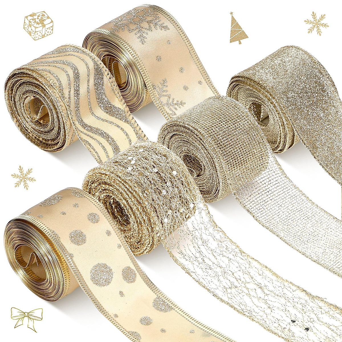 Jutom 6 Rolls Champagne Christmas Ribbon Wired 1.5 Inch Gold Christmas Tree Ribbon Glitter Mesh Ribbon Satin Snowflake Ribbon for Crafts, Gift Wrapping, Tree, Wreaths, Garland Total 36 Yard