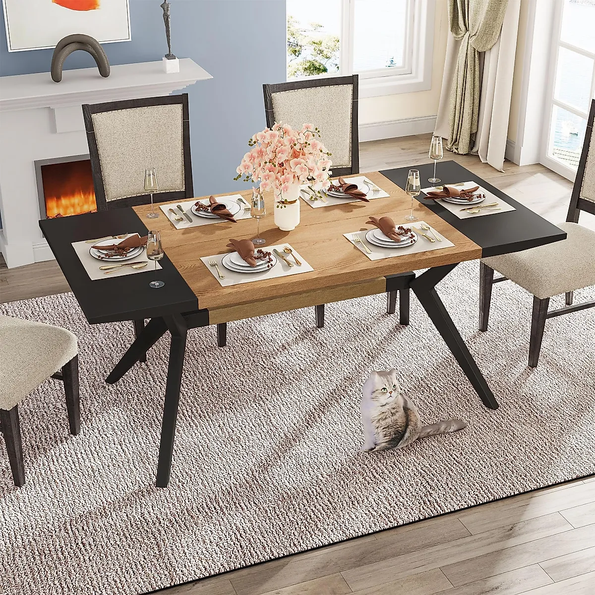 Tribesigns 63" Dining Table for 4-6 People, Modern Rectangular Kitchen Table Dinner Table, Large Dining Room Table with X-Shaped Iron Frame and Thickened Board