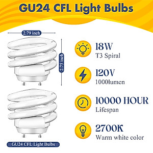 Rossesay 2 Pack 18 Watt Spiral GU24 CFL Light Bulbs, 2700k Soft White 2 Prong Twist and Lock Base Light Bulb, 1000 Lumen Compact Fluorescent Bulbs