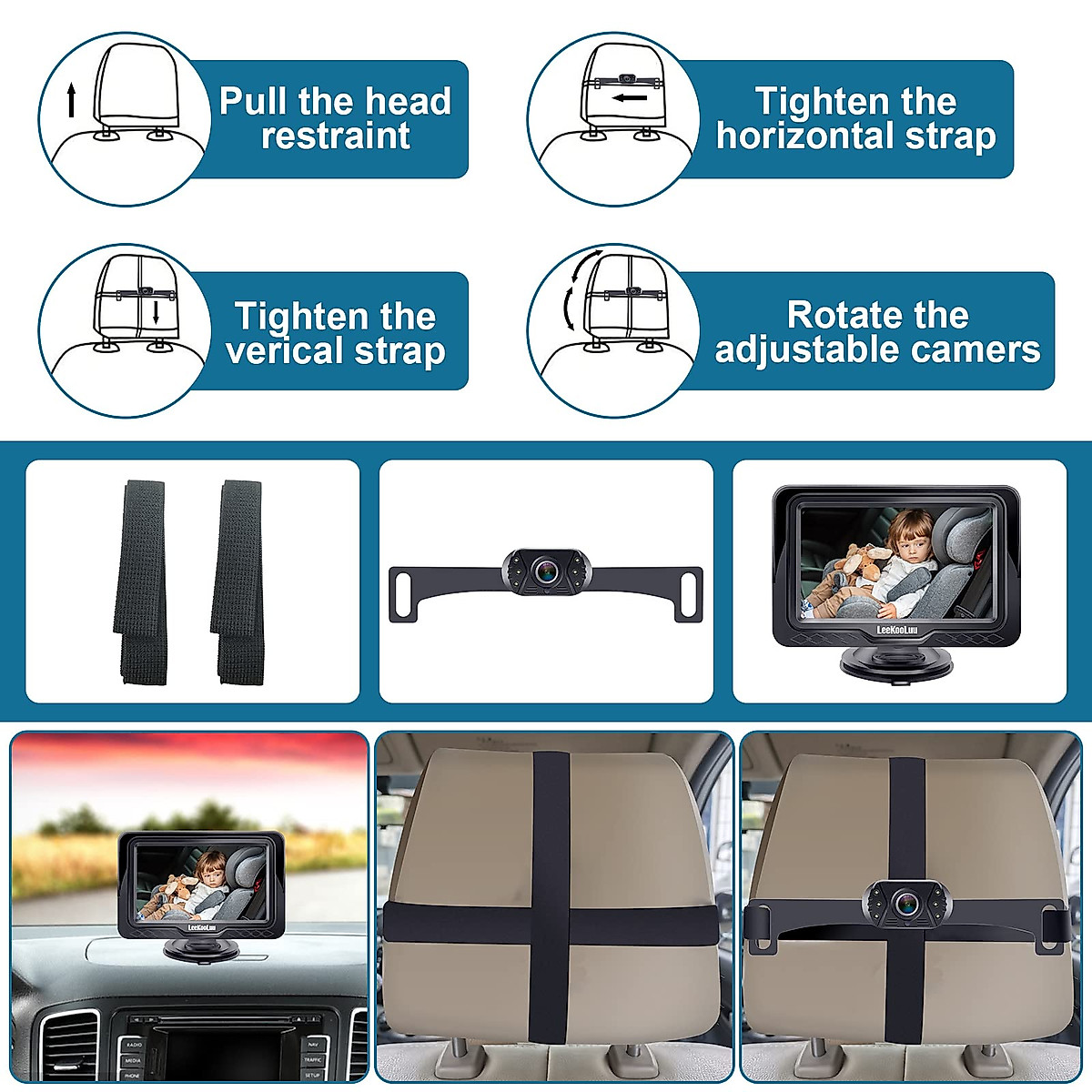 LeeKooLuu Baby Car Camera Display 3 Mins Easy Install - Plug and Play HD 1080P Clear Picture Crystal Night Vision Rear Facing Car Baby Monitor with Camera Wide View Backseat Camera Two Kids LK12