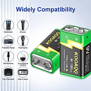 4-Pack Rechargeable 9V Batteries, High Capacity 1300mAh 9 Volt Lithium-ion Long Lasting Power, USB-C Recharge with 2 in 1 Charging Cable for Smoke Alarms,Multimeters,Toys,Microphones,Walkie-Talkie