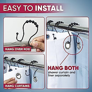Black Shower Curtain Hooks Rust Proof (Set of 12) - Stainless Steel Black Shower Curtain Rings - Balance Sliding Roller Balls for Easy Glide & Install - Black Shower Hooks for Shower Curtain (Black)