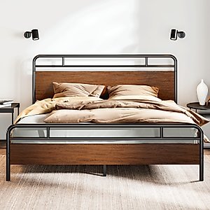 SHA CERLIN King Size Bed Frame with Wooden Headboard and Footboard, Rounded Corner Metal Frame, Heavy Duty Platform Bed with Under Bed Storage, No Box Spring Needed, Walnut