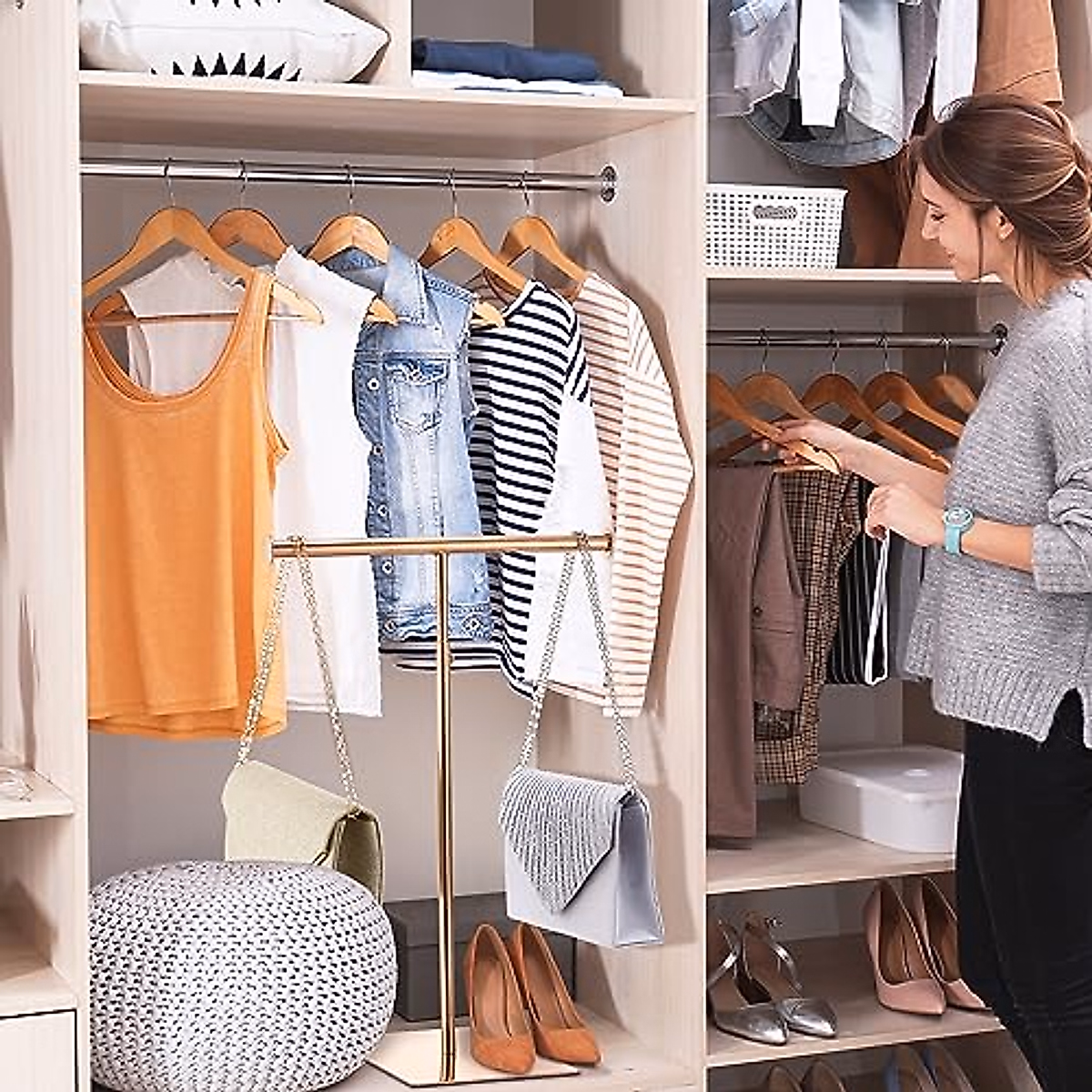 Leinuosen 4 Pcs Tabletop Purse Display Stand T Shaped Adjustable Height Purse Hanger Rack Stand Handbag Holder(Rose Gold)