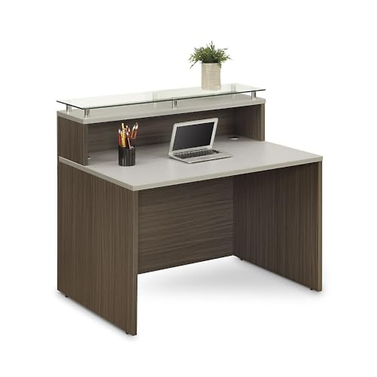 NBF Modern Small Reception Desk Counter Office Lobby Salon Durable Driftwood Laminate Cable Management Desk Compact 48" W x 32" D
