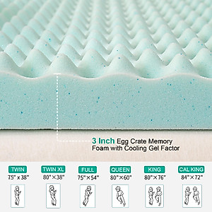 MUUEGM Mattress Topper 3 Inches Egg Crate Memory Foam Mattress Topper Twin Size, Gel Infused Memory Foam Cooling Ventilated Breathable Blue Mattress Pad Back Pain Relief