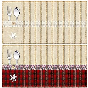 24 Pieces Christmas Burlap Utensil Holder Lace Silverware Holder Utensil Pouch Holders Buffalo Check Plaid Knifes Forks Bags Xmas Table Decor Set for Xmas Wedding Party Dinner Table Supplies
