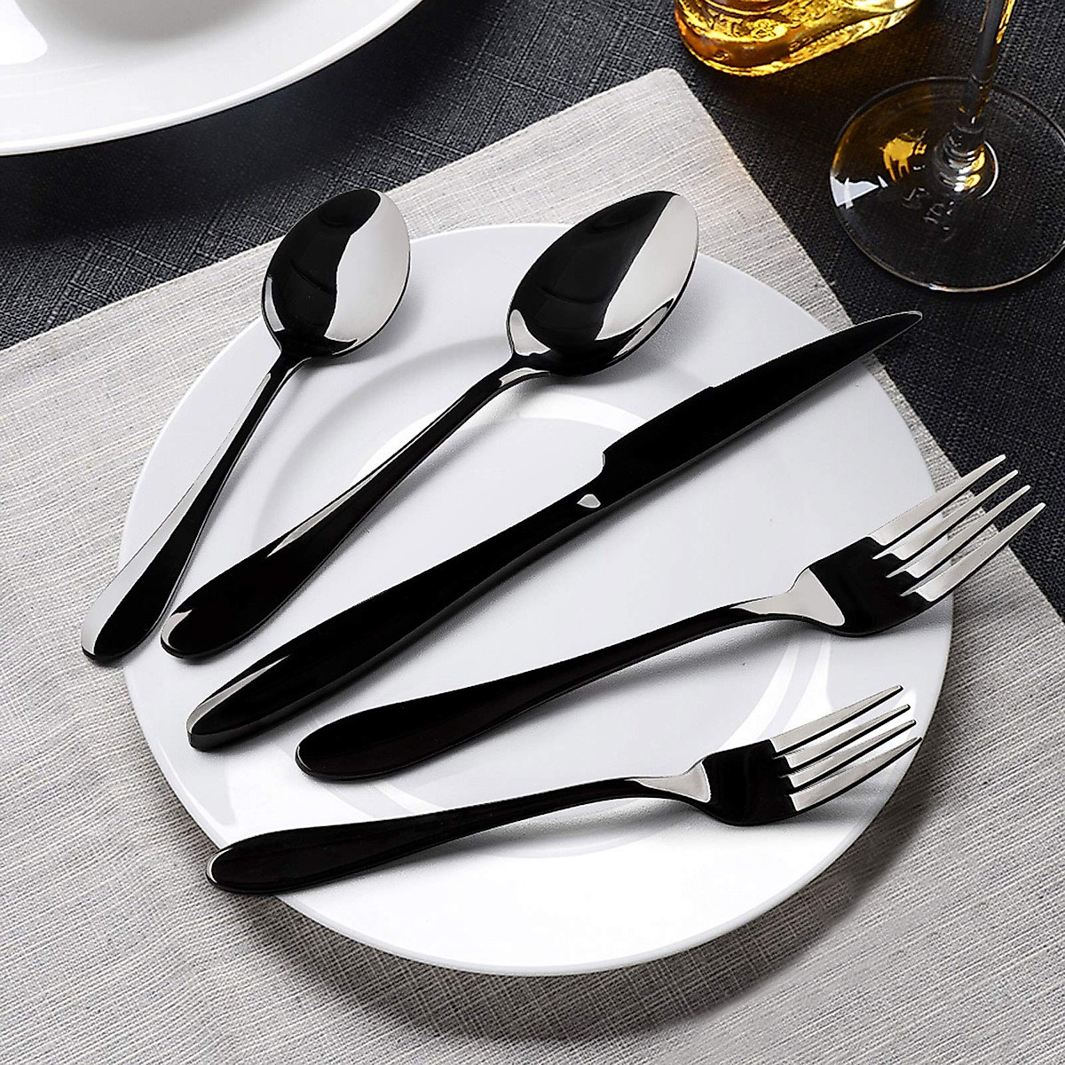 E-far Silverware Set, 20-Piece Black Stainless Steel Flatware Utensil Set, Include Knife/Spoon/Fork, Mirror Polished, Dishwasher Safe - Service for 4