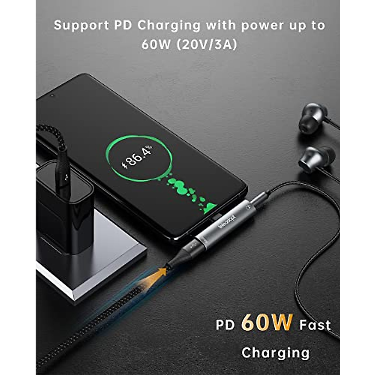 Teleadapt USB C to 3.5mm Headphone Audio and Charger Adapter, 2-in-1 USB C to Aux Mic Jack Adapter with PD 60W Fast Charging for Stereo, Hi-Res DAC, Compatible with Galaxy S20/ S21/NoteS20, Pixel 2/3