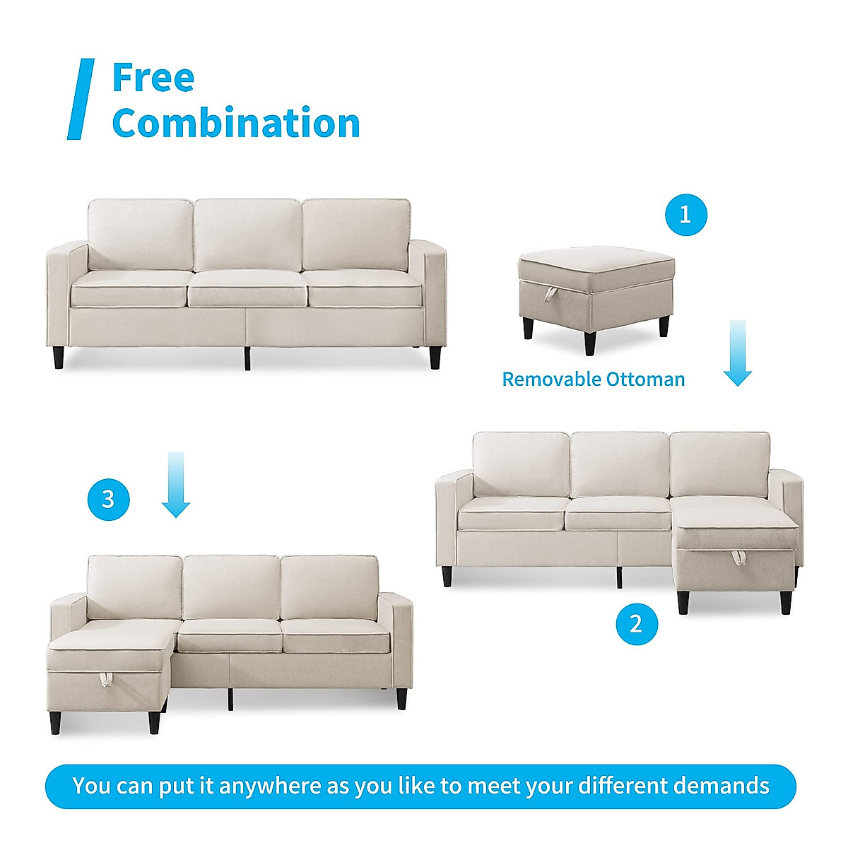 Mjkone Convertible Sectional Sofa Couch, Sofas with Solid Wood Legs and Storage Ottoman, L-Shape Couch with 4 Side Pockets, Couches for Living Room/Apartment/Office (Beige)