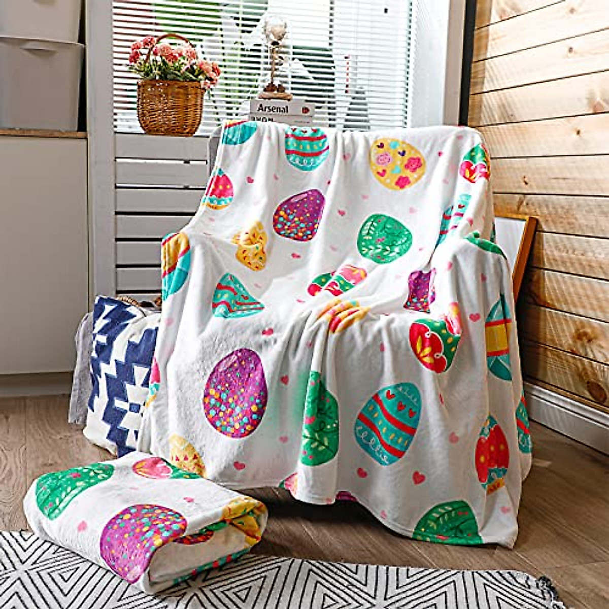 2 Pack Easter Throw Blanket Colorful Eggs Flannel Blanket Comfy Happy Easter Soft Cozy Lightweight Blanket for Sofa Couch Bed, 50 x 60 Inch