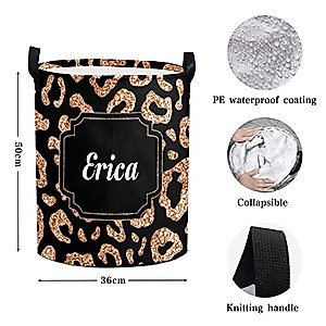 Leopard Print Monogram Personalized Foldable Freestanding Laundry Basket Clothes Hamper with Handle, Custom Collapsible Storage Bin for Toys Bathroom Laundry