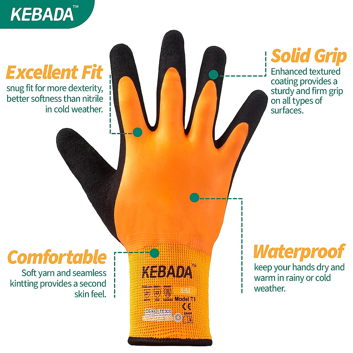 Kebada T1 Waterproof Winter Work Gloves for Men and Women,Insulated Work Gloves for Men Cold Weather,Warm Freezer Gloves Medium