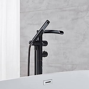 Qinkell Thermostatic Freestanding Tub Filler Floor Mount Waterfall Bathtub Faucet Oil-Rubbed Bronze Bathroom Taps with Handheld Shower