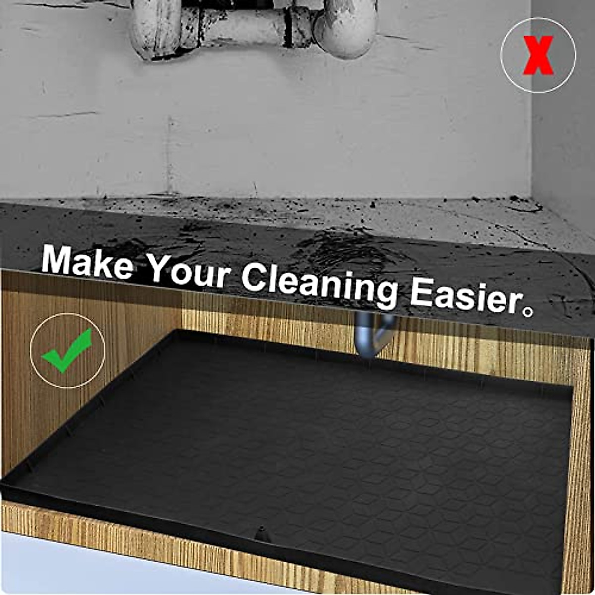 Under Sink Mat, 34" x 22" Under Sink Mats for Kitchen Waterproof, Extra Thick Non-Slip Silicone Under Sink Liner Drip Tray, Sink Cabinet Protector Mats for Kitchen and Bathroom, Easy to Clean (Black)