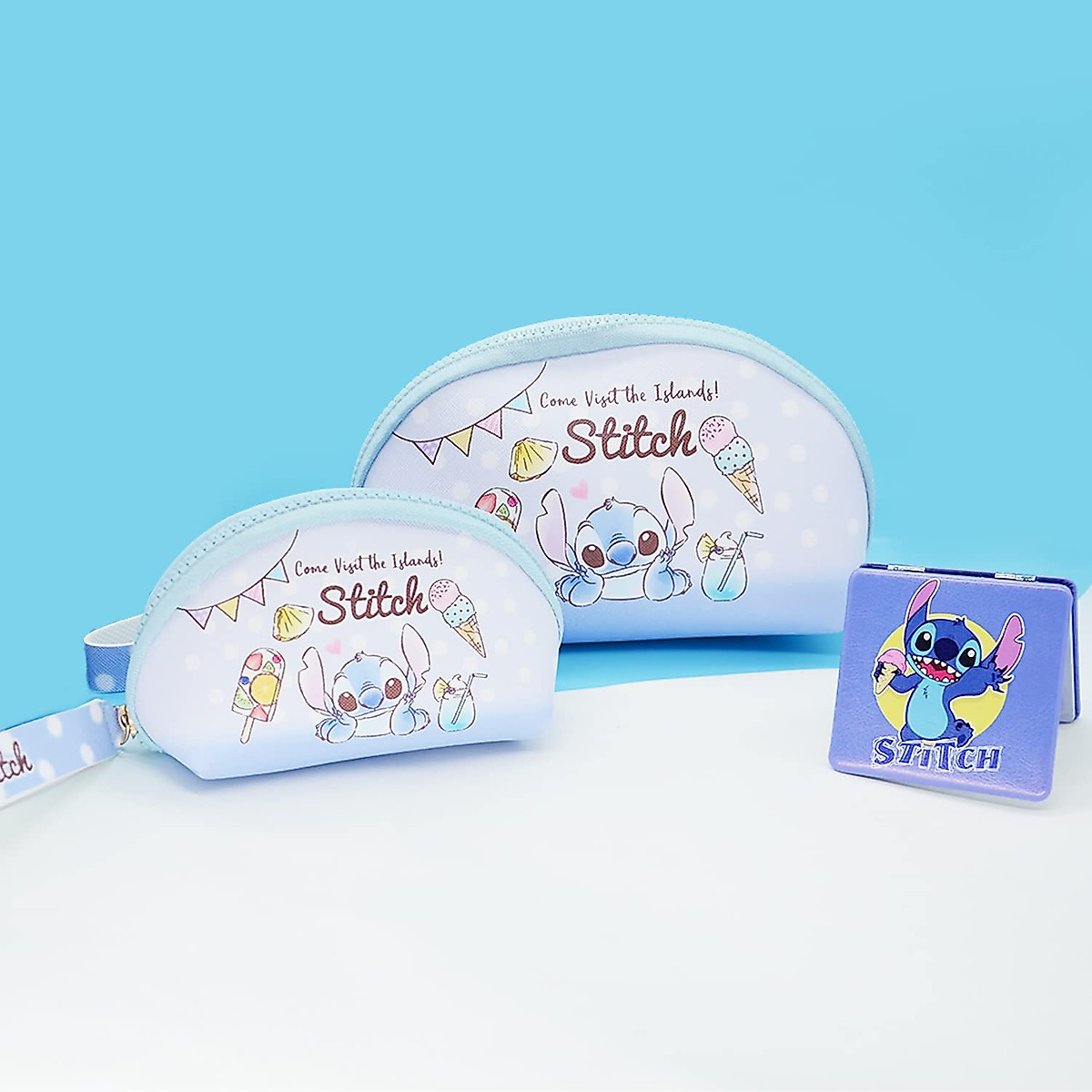 Kawaii Stitch Travel Cosmetic Bag & Coin Purse Set, Cosmetic Pouch Makeup Bag with Zipper, PU Travel Toiletry Bag Makeup Accessories Organizer, Foldable Storage Bags Makeup Pouch for Women Girls