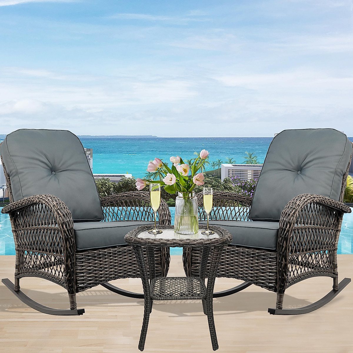 TXGDPIONEER Outdoor Wicker Rocking Chair, All Weather Resin Rattan Wicker Rocking Chairs, for Garden Backyard Lown Porch,1pc,Grey