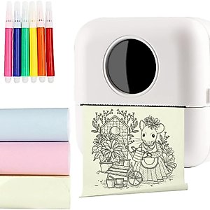 ZITREOXN Mini Sticker Printer - Portable Bluetooth Thermal Printer with 3 Roll of Paper + 6 Colour Pencils, Pocket Phone Printer, Easy to Use - for Diaries, Memos, Photos
