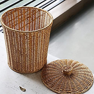 YARNOW Plastic Woven Storage Baskets with Lid, Round Wicker Waste Paper Basket, Wastebasket Garbage Bin with Lid for Bedroom Bathroom Kitchen Home Office (9.2 x 11 Inch, Light Brown)