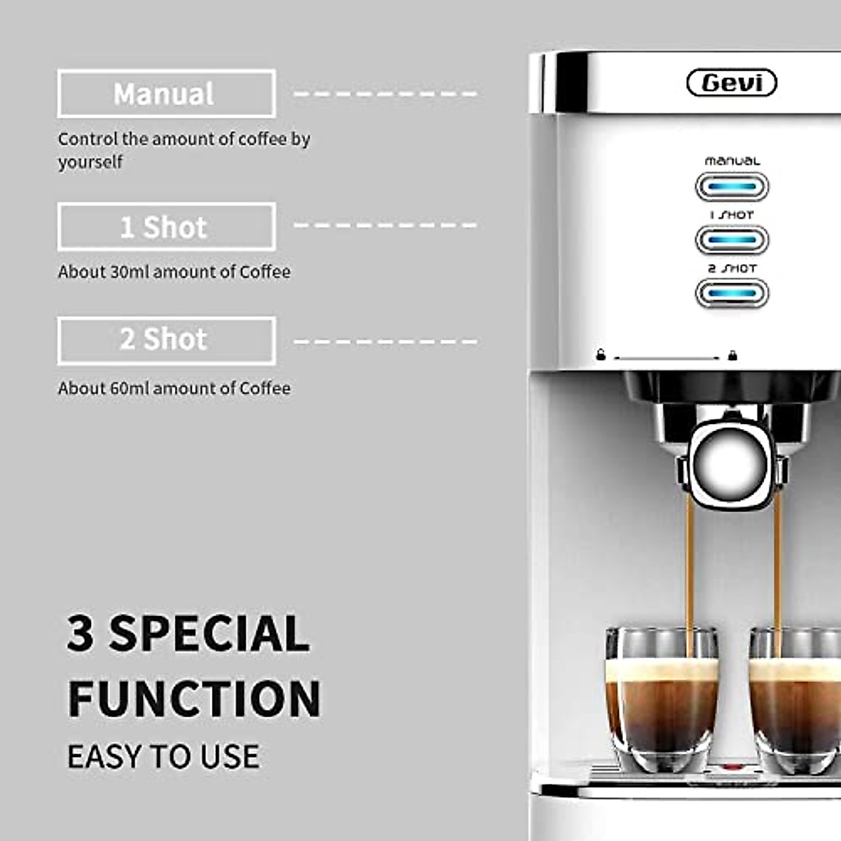 Gevi Espresso Machines 20 Bar Fast Heating Automatic Cappuccino Coffee Maker with Foaming Milk Frother Wand for Espresso, Latte Macchiato, 1.2L Removable Water Tank, 1350W, White