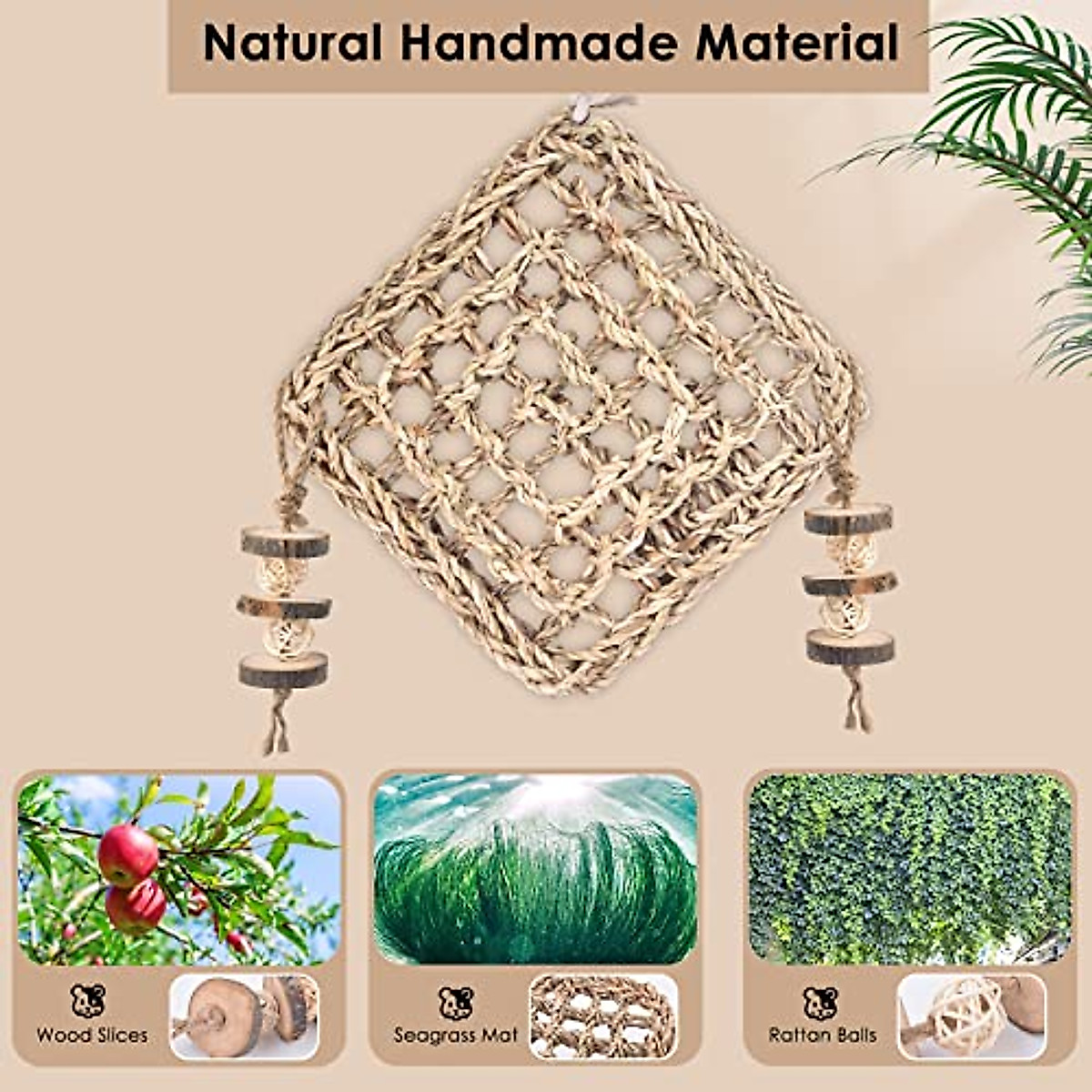 Bissap Seagrass Protector Mat with Treats, Rabbit Chews and Play for Bunny Chinchilla Guinea Pigs or Other Rodent Pets Hanging Chewing Toys